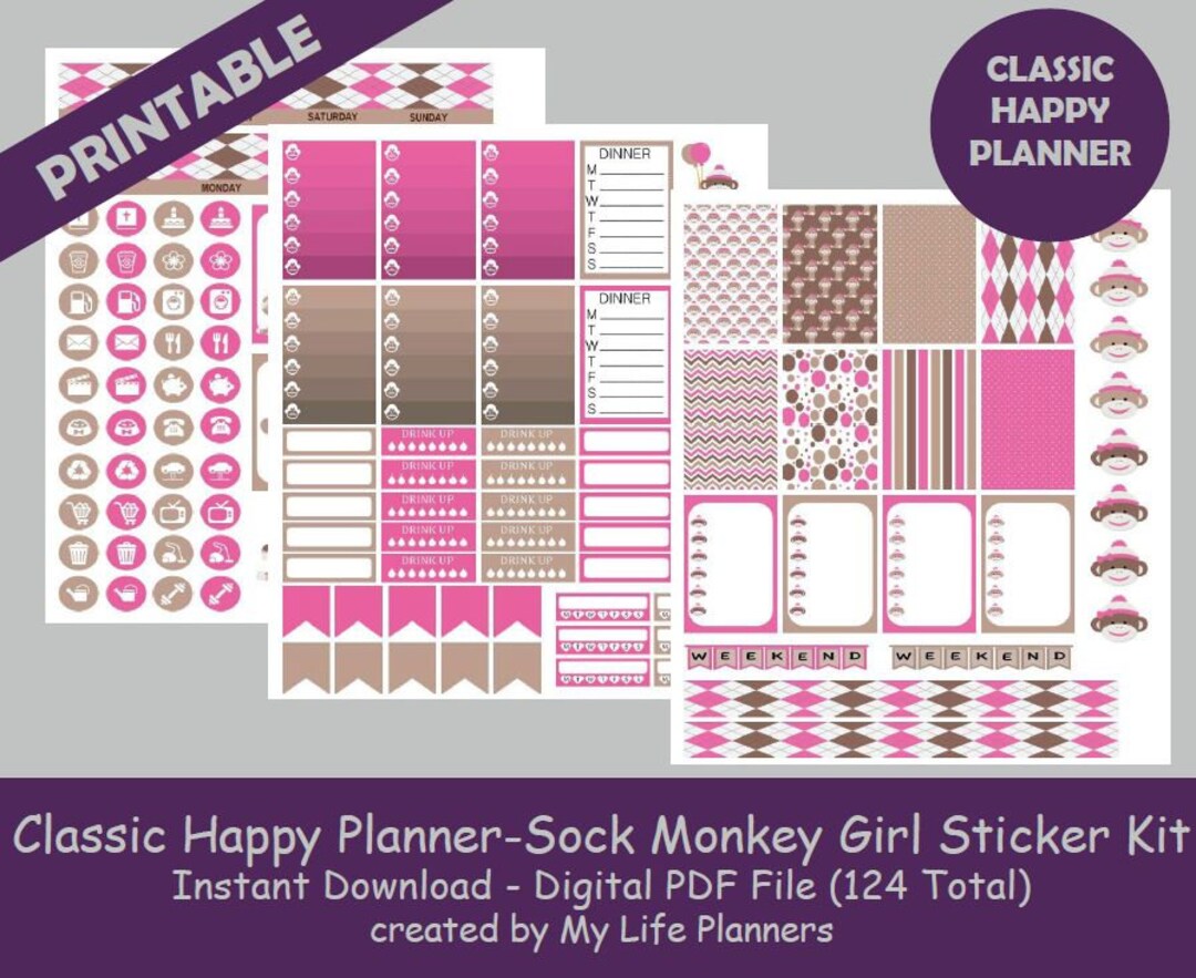 Sock Monkey Girl, CLASSIC Happy Planner Printable Stickers, Weekly Kit ...