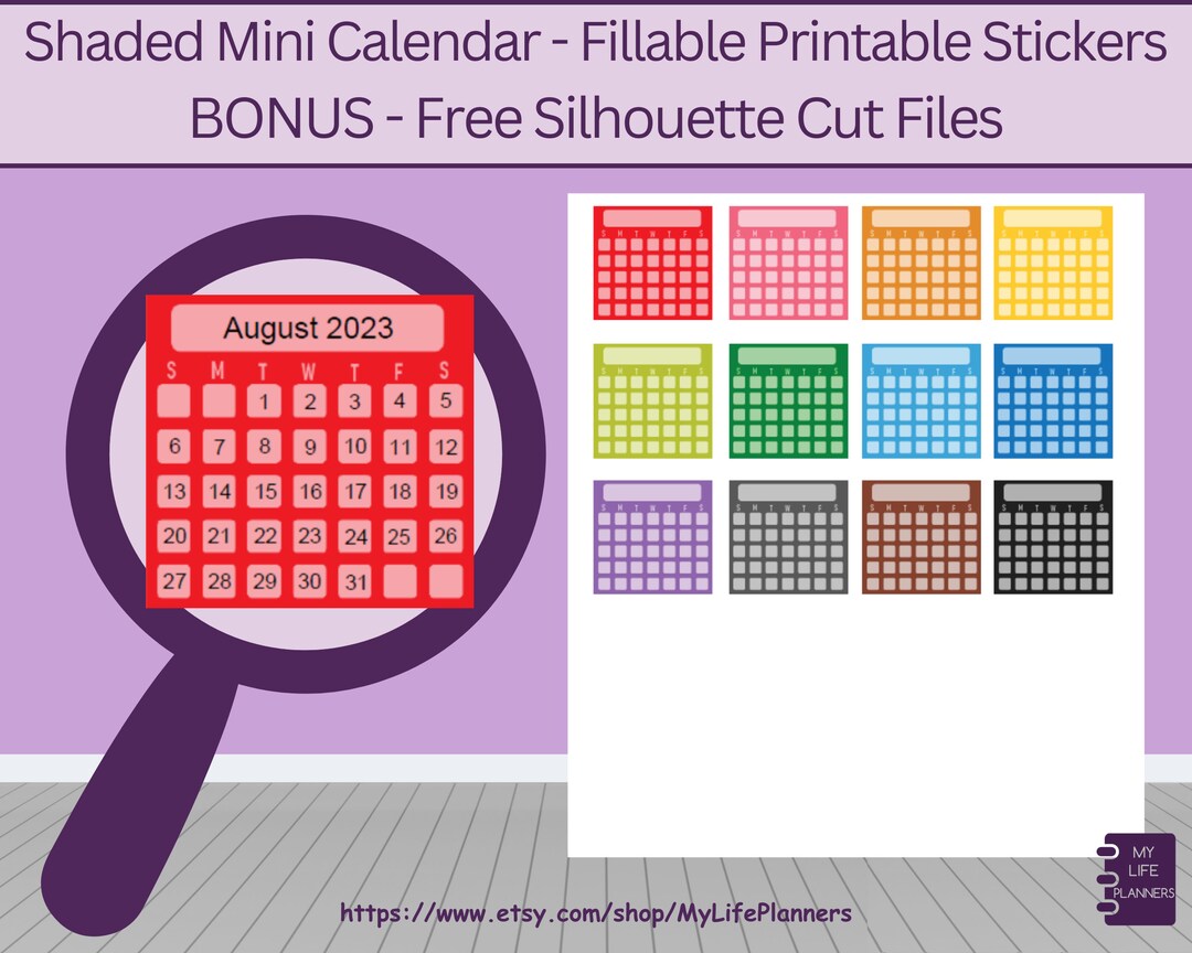 Mini Monthly Shaded Calendar Printable Planner Stickers, Fillable ...