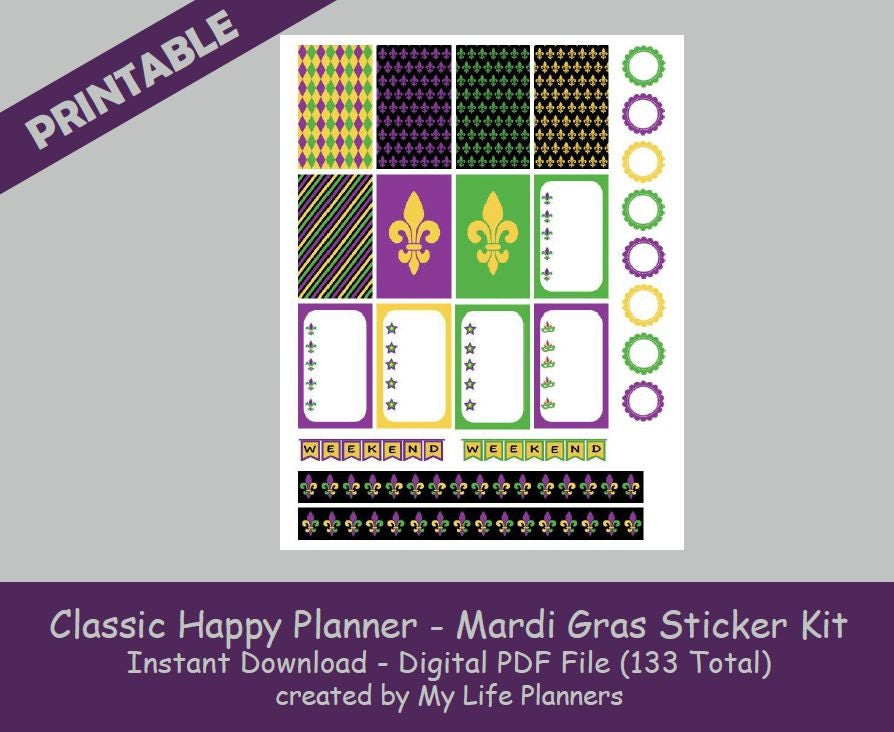 Mardi Gras CLASSIC Happy Planner Printable Stickers Weekly | Etsy