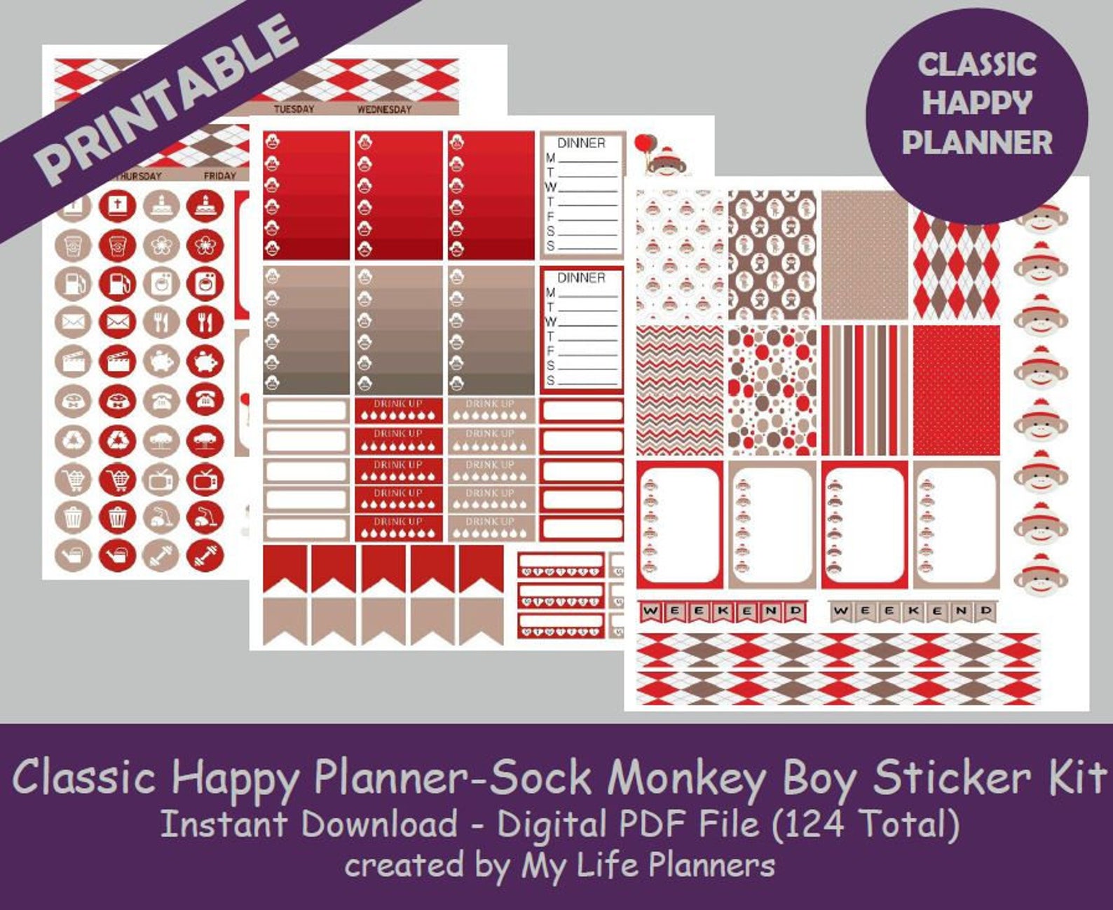 Sock Monkey Boy CLASSIC Happy Planner Printable Stickers | Etsy