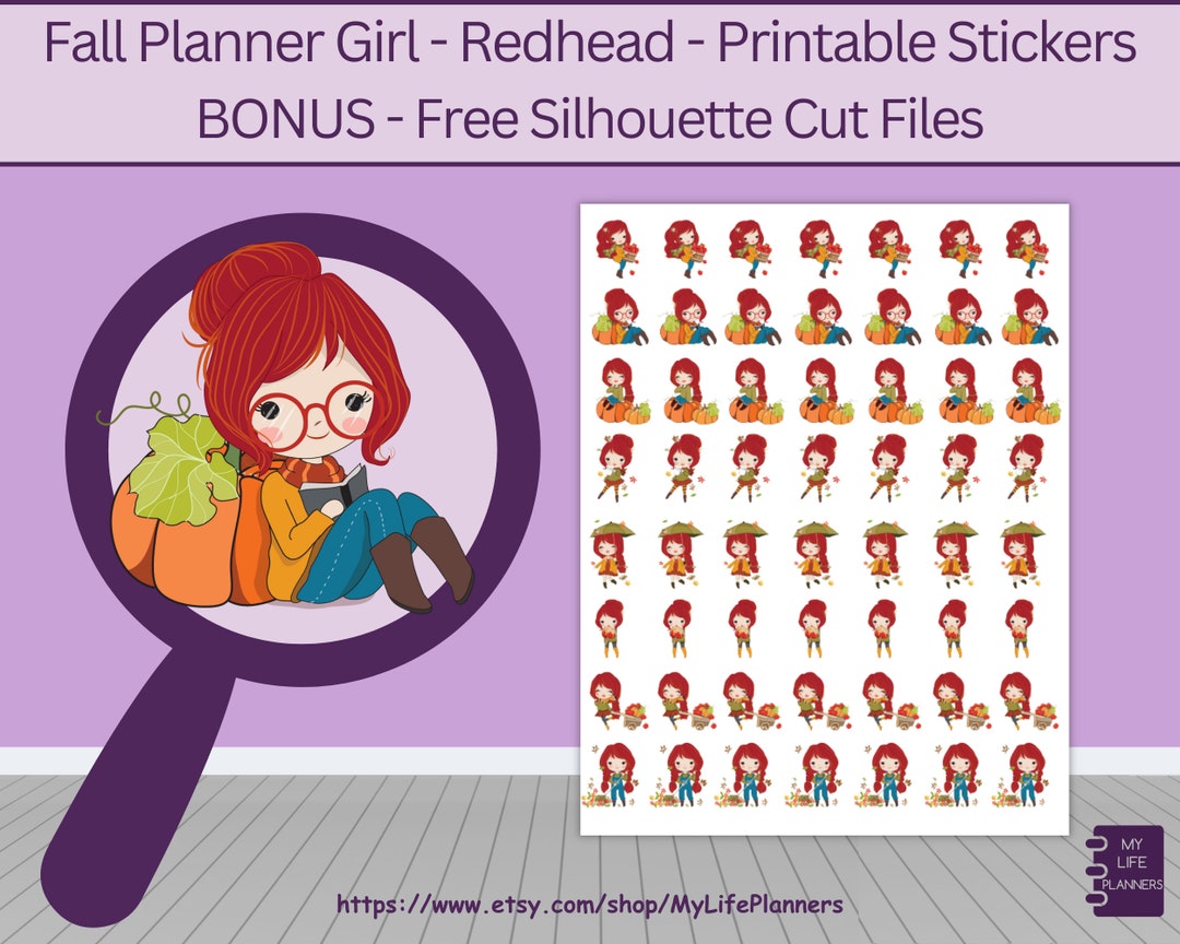 Fall Planner Girl Stickers, Redhead, Printable Stickers, Planner ...