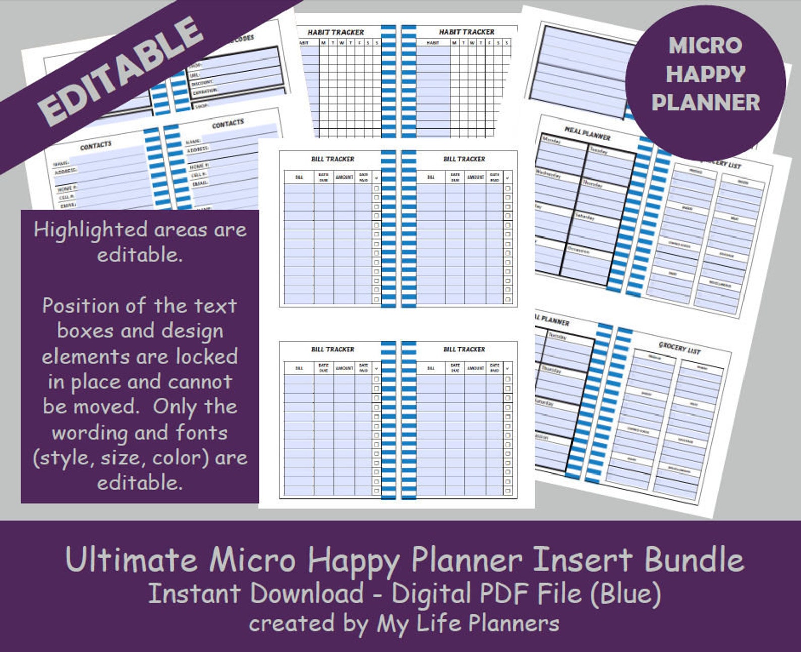 Ultimate MICRO Happy Planner Insert Bundle Blue Monthly | Etsy