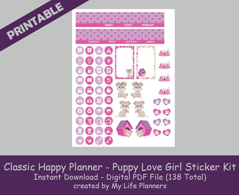 Girl Puppy Love CLASSIC Happy Planner Printable Stickers - Etsy