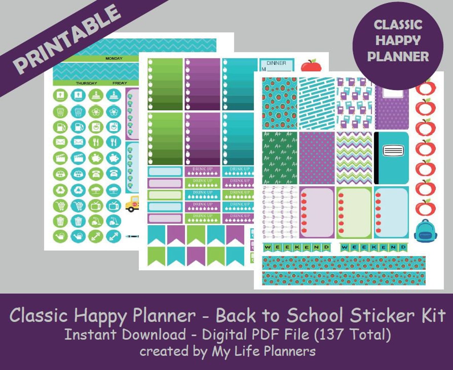 Back To School CLASSIC Happy Planner Printable Stickers | Etsy