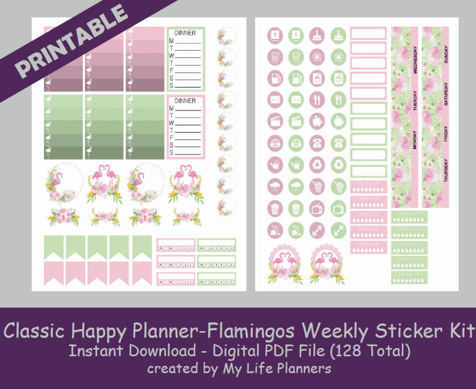 Flamingos CLASSIC Happy Planner Printable Stickers Weekly - Etsy