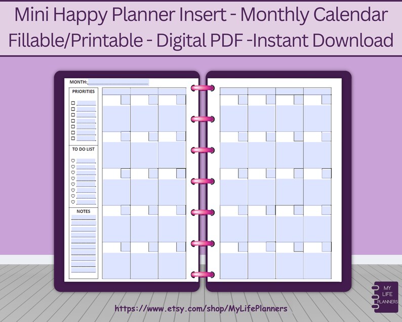 Undated Monthly Calendar Printable, Fillable MINI Happy Planner (PDF ...