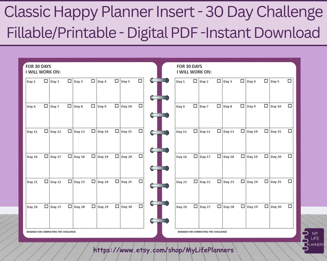 30 Day Challenge Insert, Printable, Fillable, Planner, Happy Planner ...