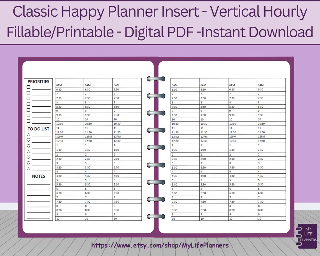 Vertical Week Hourly Insert, Fillable, Printable, Planner Insert. Daily ...