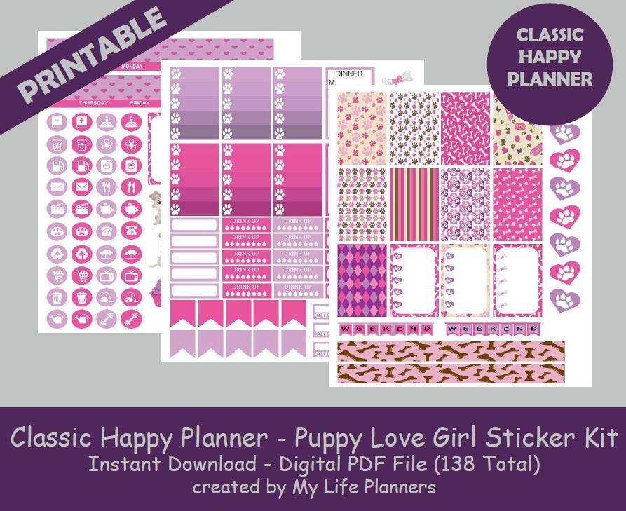 Girl Puppy Love CLASSIC Happy Planner Printable Stickers | Etsy
