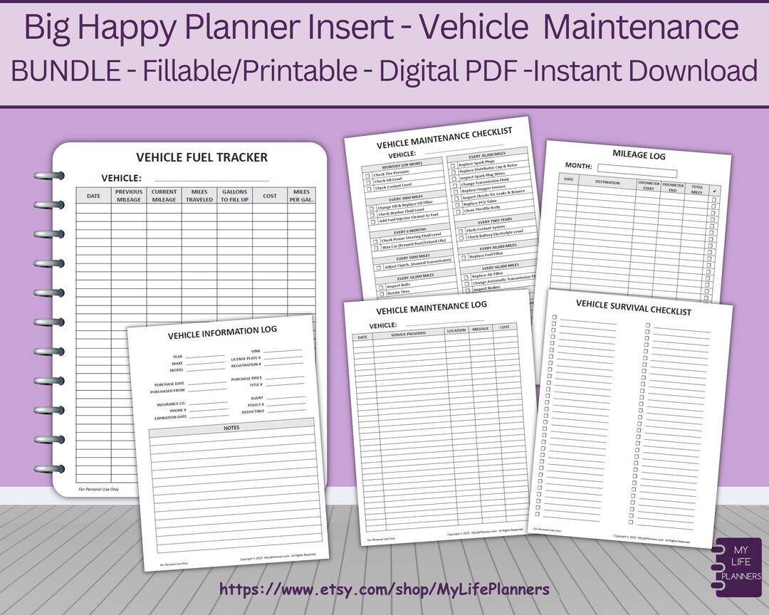 Vehicle Maintenance Bundle Inserts, Auto Maintenance Records, Fillable ...