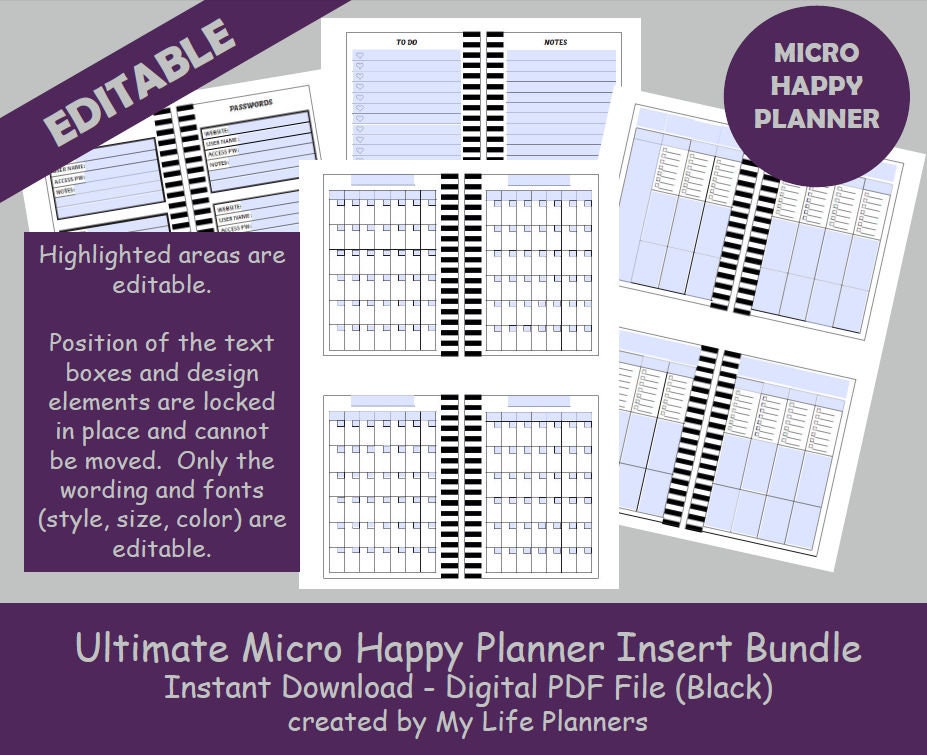 Ultimate MICRO Happy Planner Insert Bundle Black Monthly | Etsy