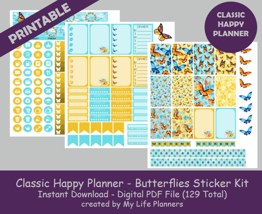 Butterflies, CLASSIC Happy Planner Printable Stickers, Weekly Kit ...