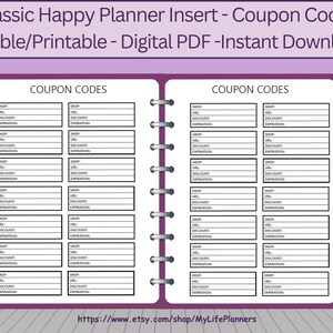 Coupon Code Tracker: Fillable Planner Insert for Classic Happy Planner ...
