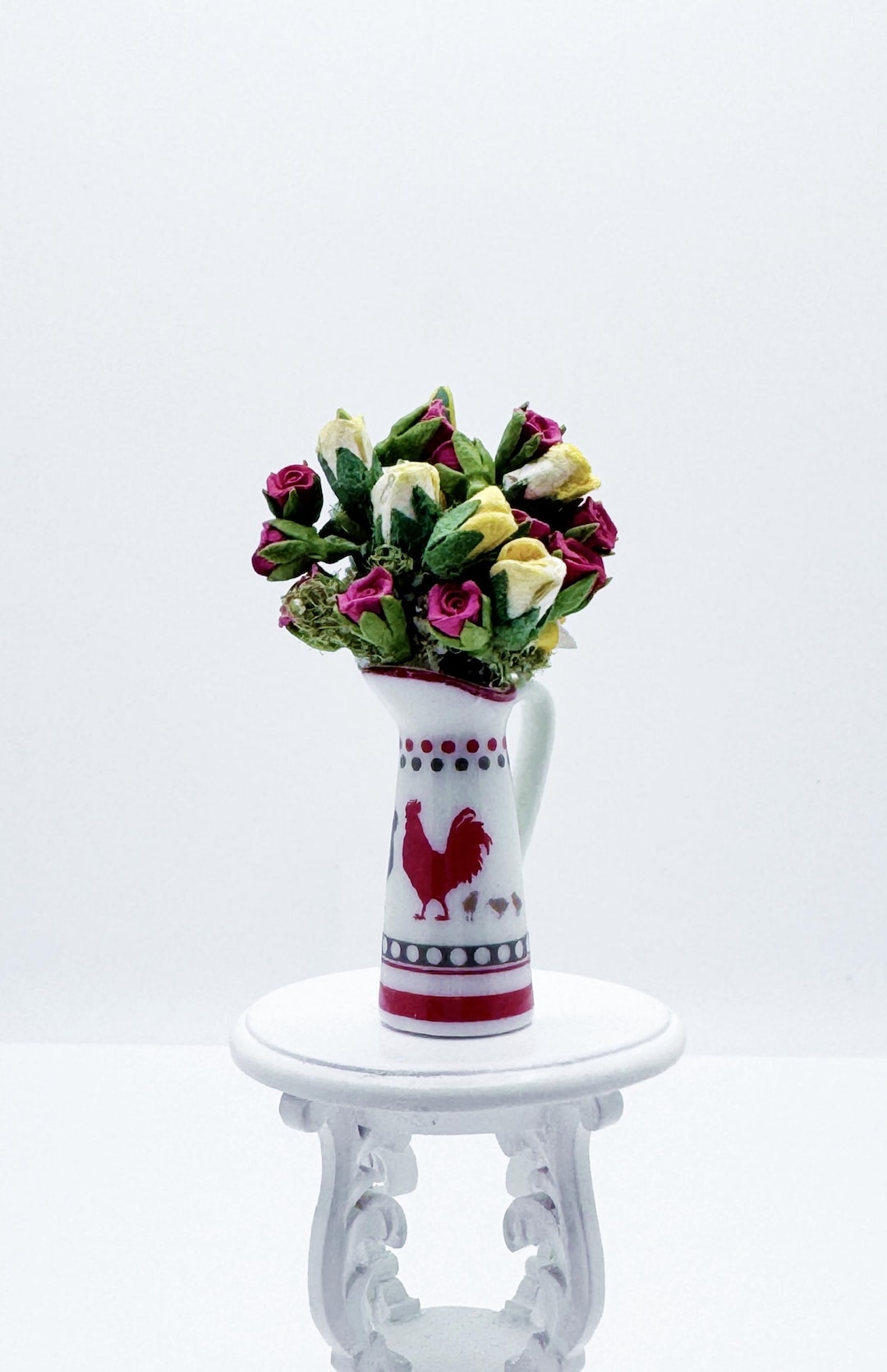 1:12 Rooster Pitcher Vase and Flowers Country Rosebuds Kitchen Decor ...
