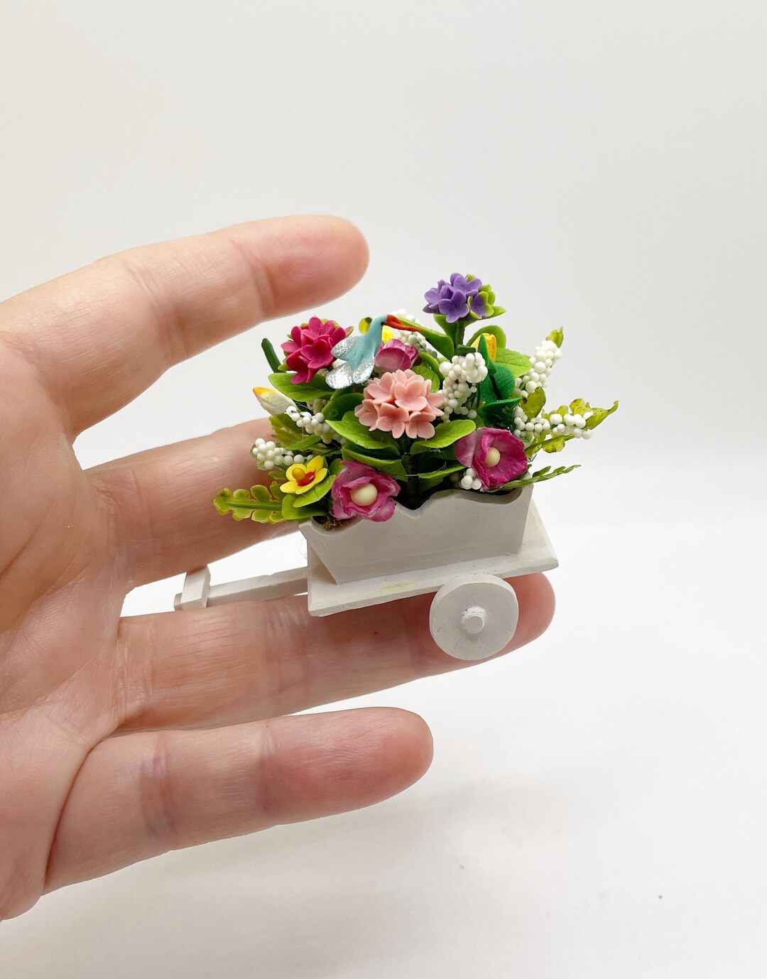 Miniature Wooden Wheelbarrow Planter & Flowers / Artisan Garden ...