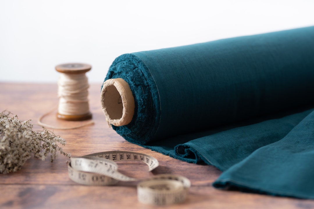 Deep Teal Blue Linen Fabric by the Metre, OEKO Tex Certified Washed and ...