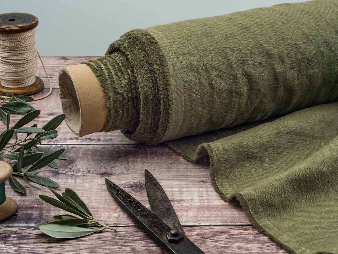 Olive Linen Fabric by the Metre, Pure Softened Green Linen Fabric, 205 ...