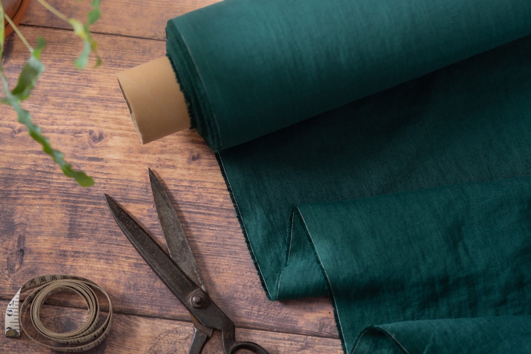 Dark Forest Green Linen Fabric by the Metre, OEKO Tex Certified Washed ...