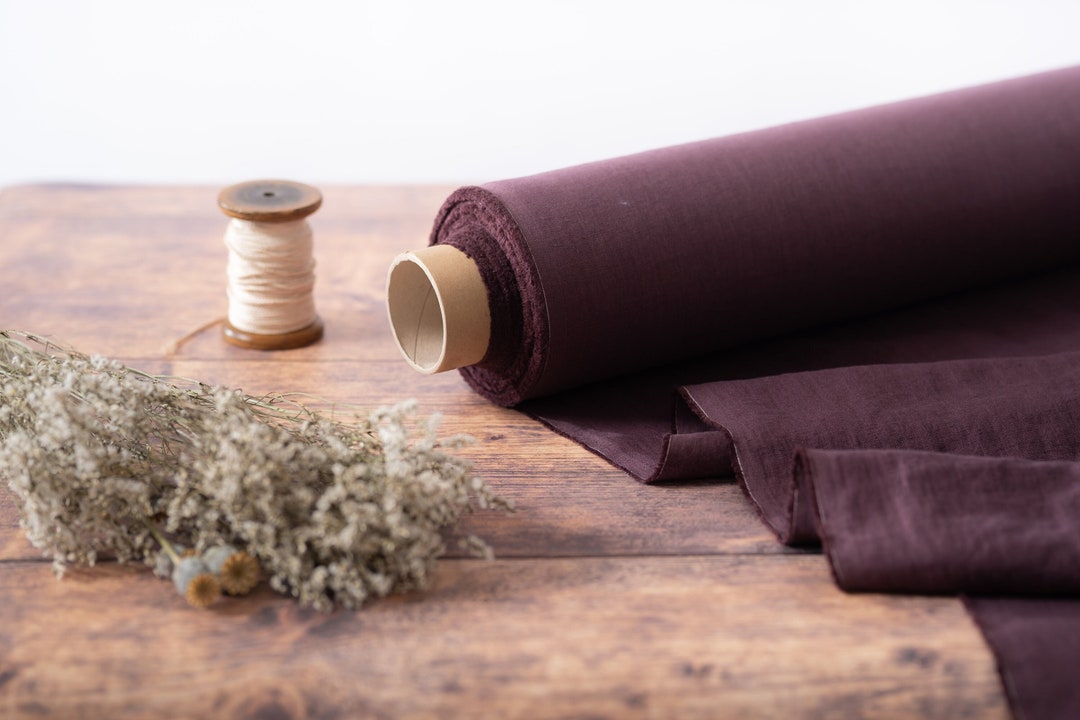 Dark Plum Purple Linen Fabric by the Metre, OEKO Tex Certified Washed ...