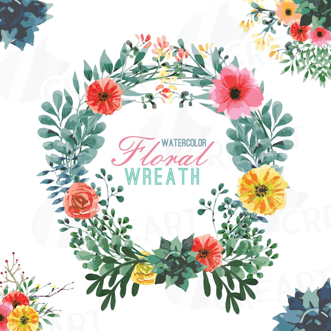 Watercolor Floral Wreath Valentine Clip Art Pack, Watercolor Flowers ...