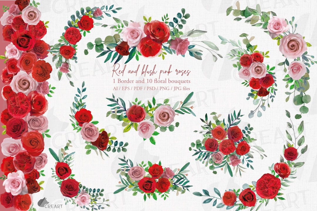 Watercolor Roses Floral Bouquets: Red & Pink Clip Art (PNG, JPG, SVG ...