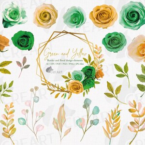 Green and Yellow Roses Watercolor Floral Wedding Clip Art. Printable ...