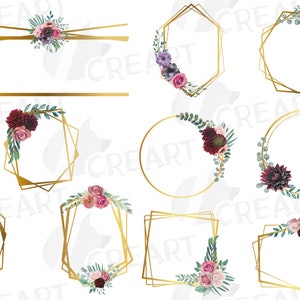 Geometric Frames Clipart: Pink Floral Watercolor Wedding Frames. Pink ...