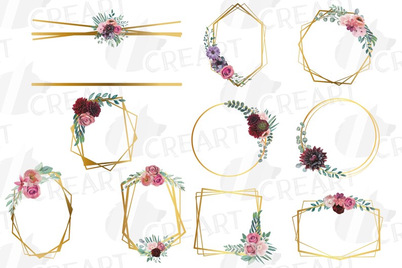 Geometric Frames clipart: Pink floral watercolor wedding | Etsy