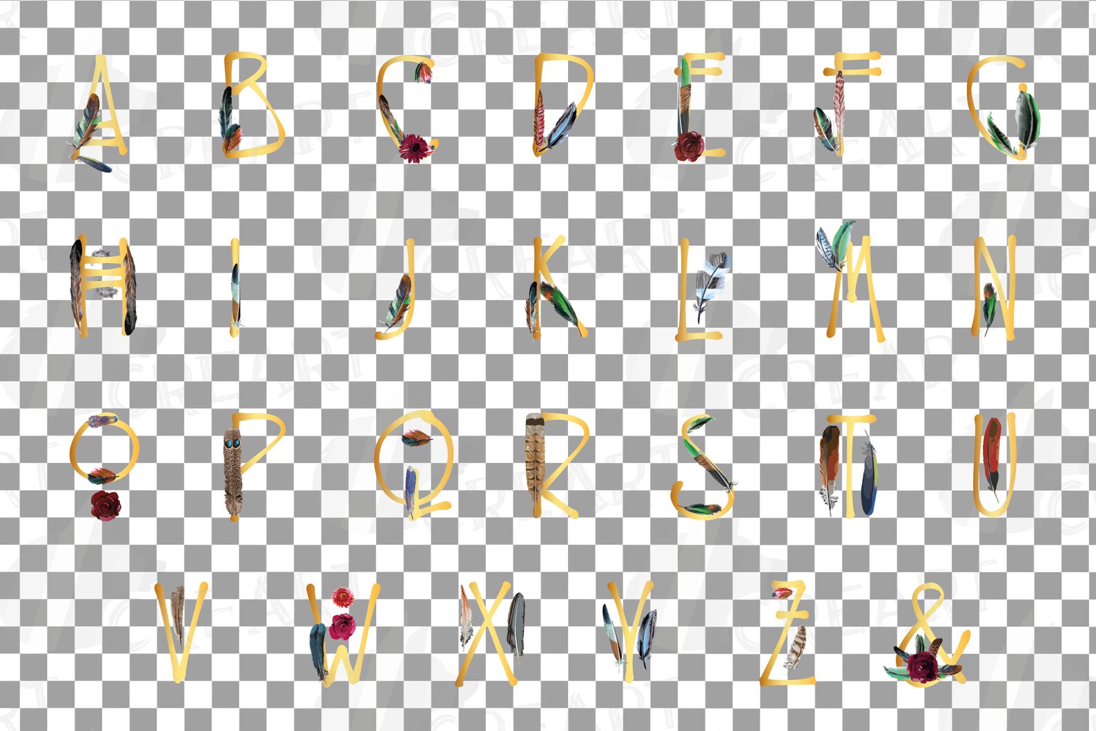 Printable Tribal Golden Alphabet With Feathers Decor Clip Art. - Etsy