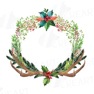 Christmas Wreath With Deer Horn Clip Art, Holiday Wreath With Deer Horn ...