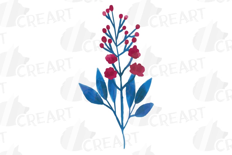 Watercolor Floral Clip Art: Royal Blue & Red Flowers, Frame (digital ...