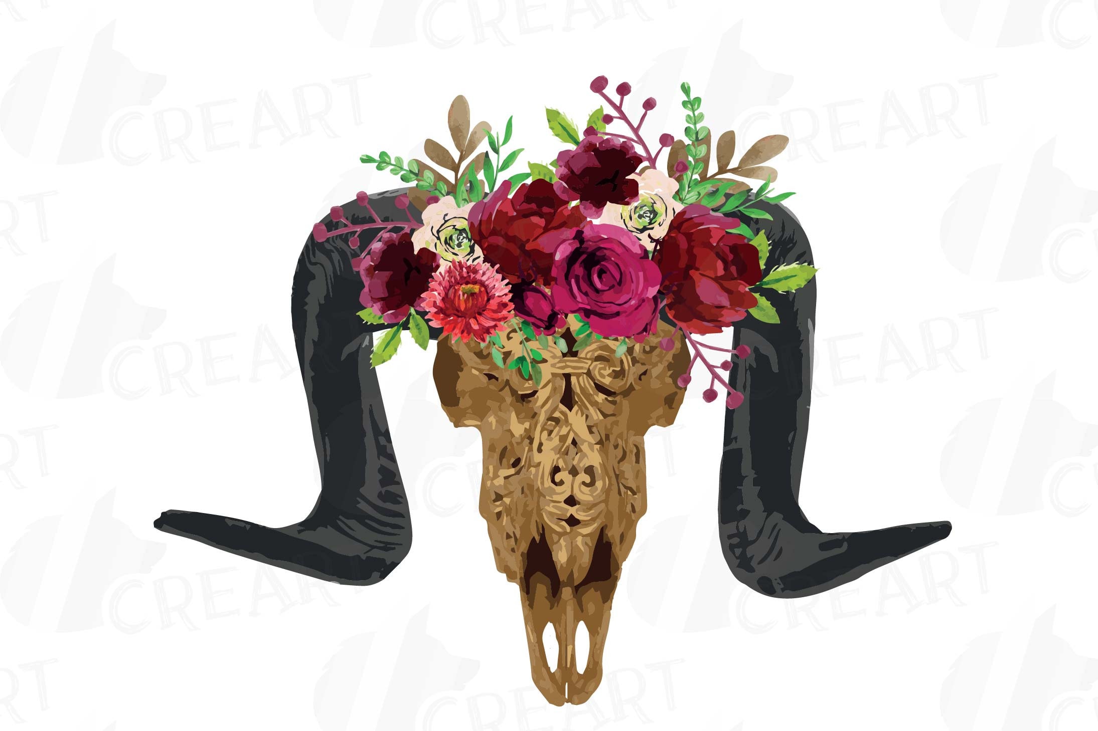 Floral Ram Skull Clipart: Carved Watercolor Design (digital Download ...