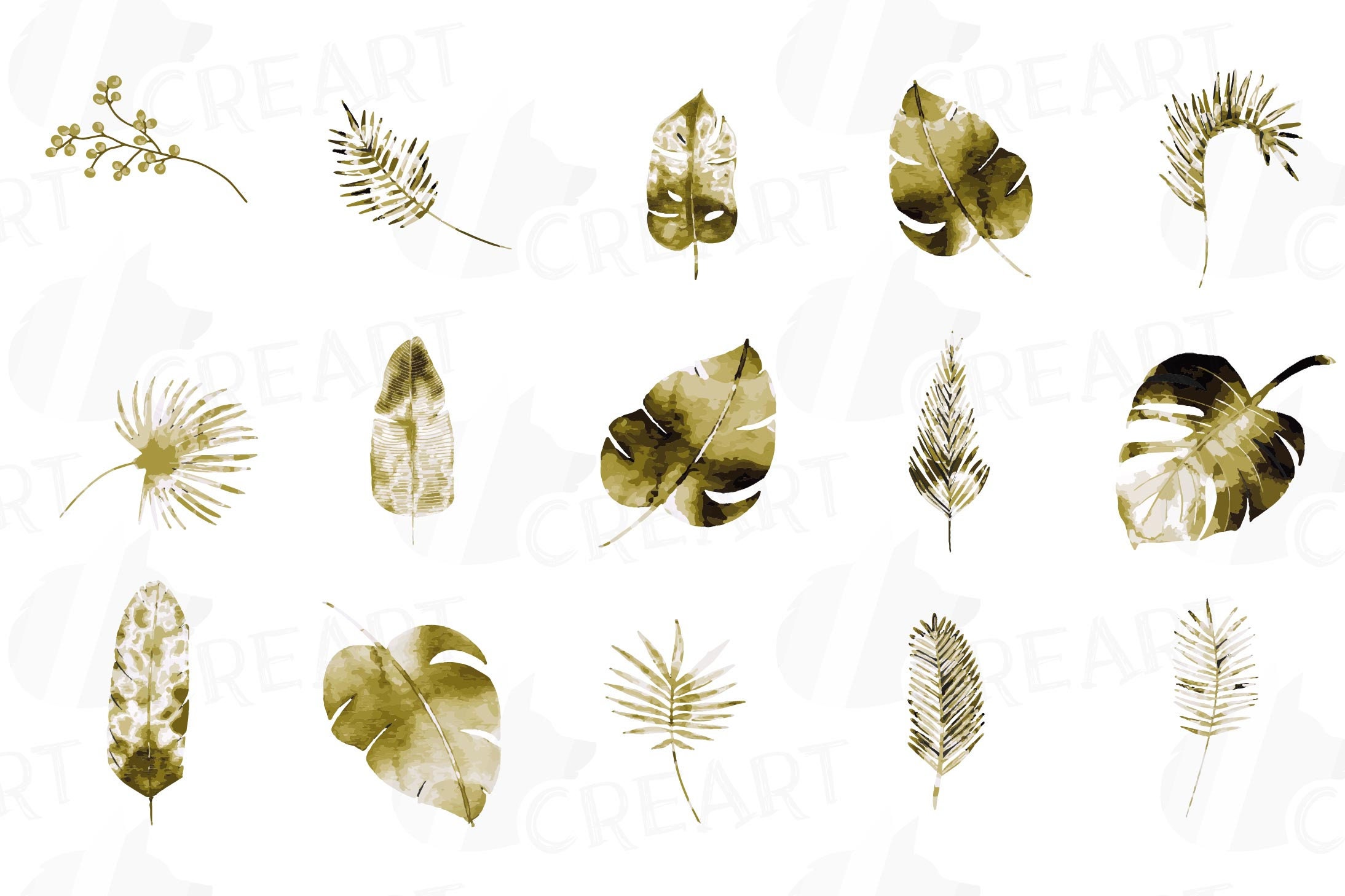 Golden Palm Leaves Watercolor Clip Art Pack Gold Tropical | Etsy