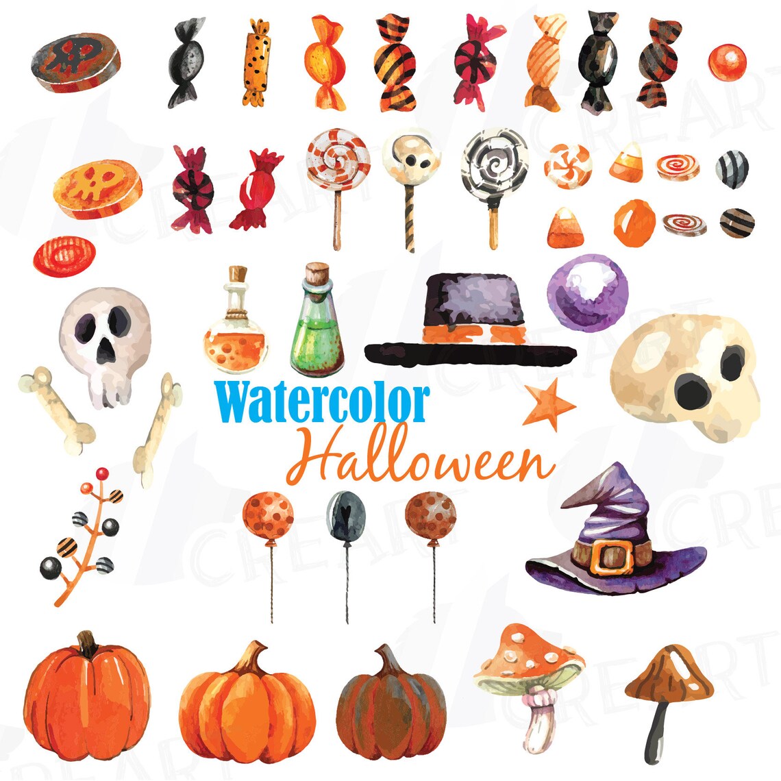 Watercolor Halloween Clip Art Pack. Halloween Candy | Etsy