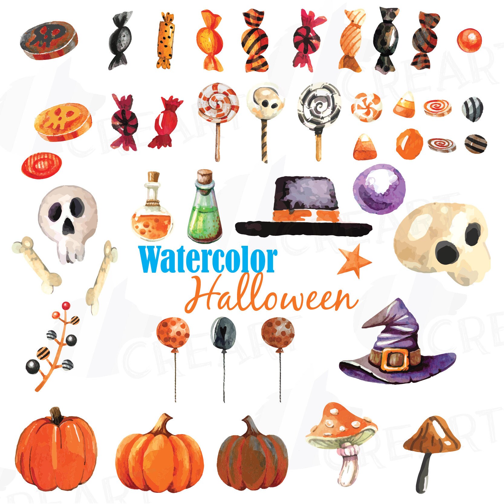 Watercolor Halloween Clip Art Pack. Halloween Candy Collection, Skulls ...