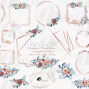 Rust and Dust Blue Floral Eucalyptus Bridal Templates. Watercolor Pre ...