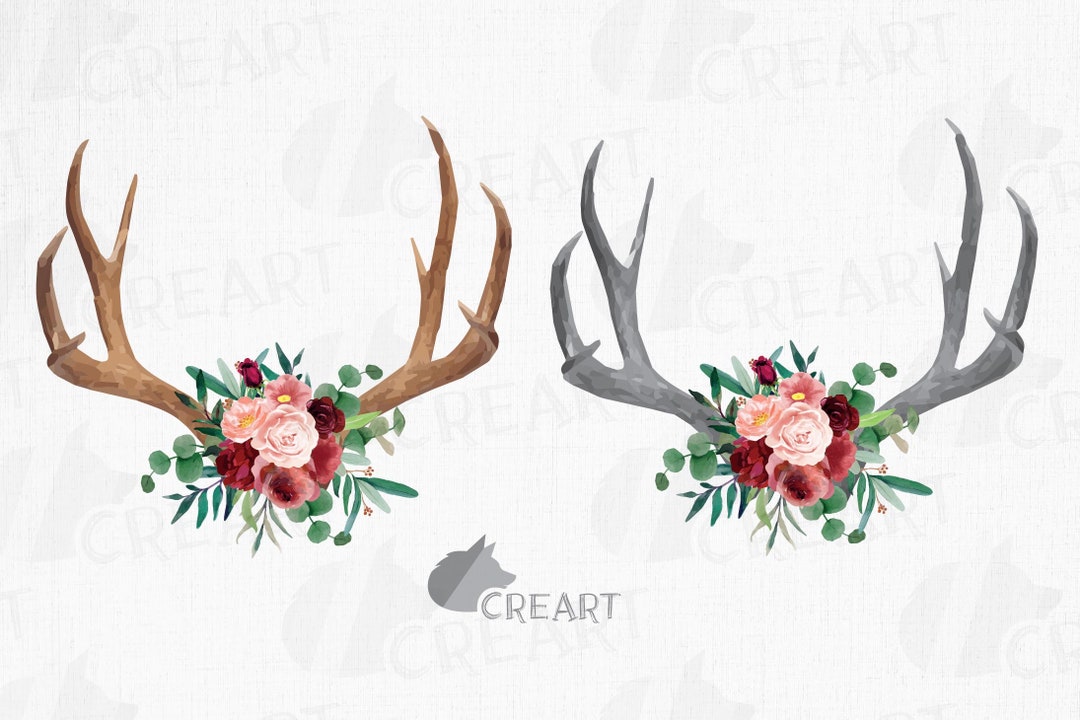 Watercolor Floral Deer Antlers Clipart: Boho Tribal Design (digital ...