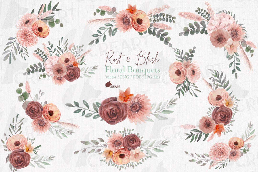 Rust and Blush Pink Bridal Bouquets Decor Collection Watercolor Floral ...