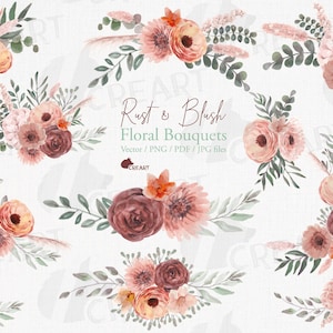 Rust and Blush Pink Bridal Bouquets Decor Collection Watercolor Floral ...
