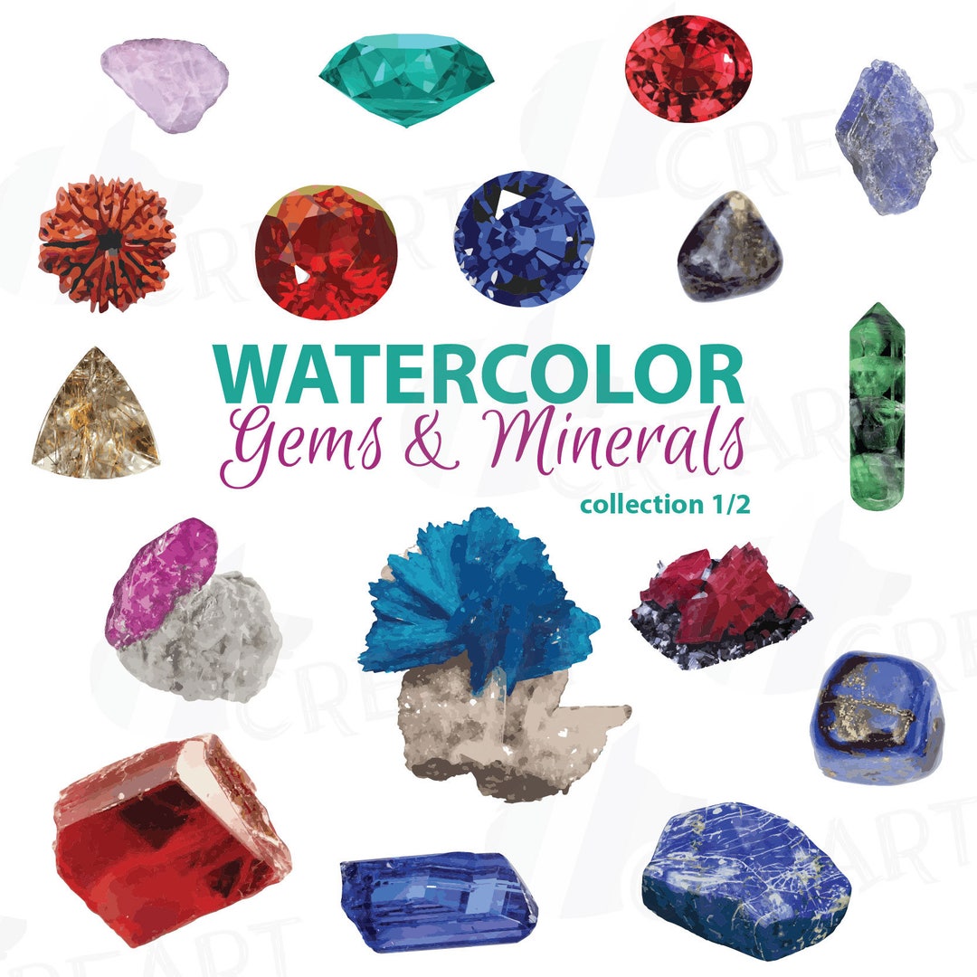 Gemstone and Minerals Clip Art Collection, 17 Watercolor Gem and ...