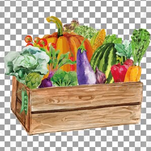 Watercolor Farm Fresh Vegetables and Fruits in Wooden Boxes Kitchen ...