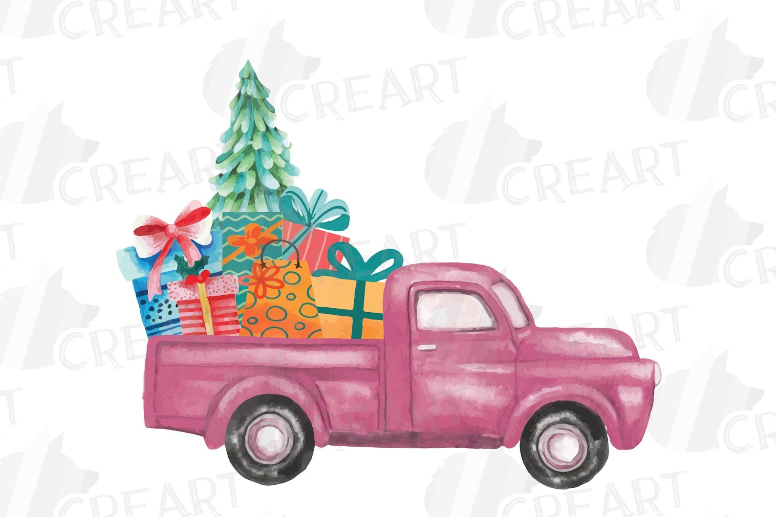 Watercolor Christmas Truck Clip Art: Retro Holiday PNG, SVG, EPS ...