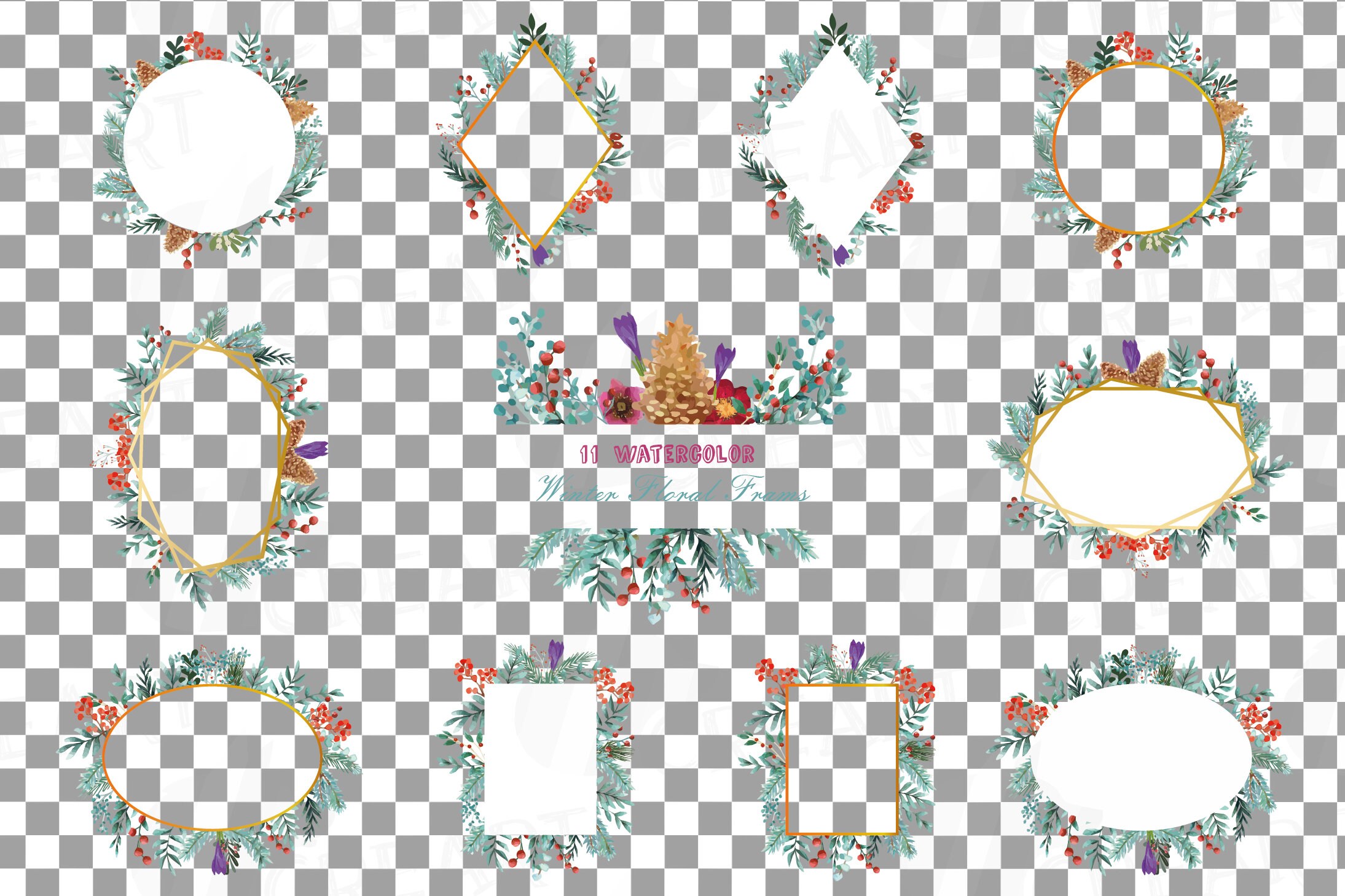 Floral Winter Frames Watercolor Clip Art Pack Winter Leaves | Etsy