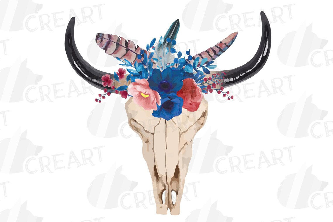 Bohemian Floral Bull Skull Clip Art. Indian Tribal Watercolor | Etsy