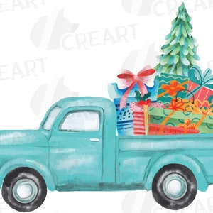Watercolor Holiday Truck Clip Art. Retro Trucks With Gifts and ...
