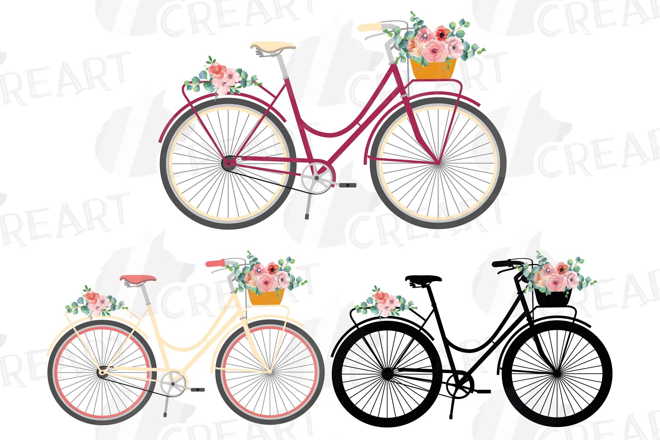 Floral Bicycle Clipart: Blush Bouquet, Wedding PNG, Vectors (digital ...