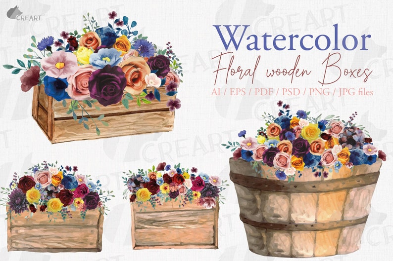 Watercolor Flowers in Wooden Boxes Home Decor Pack. Boho - Etsy