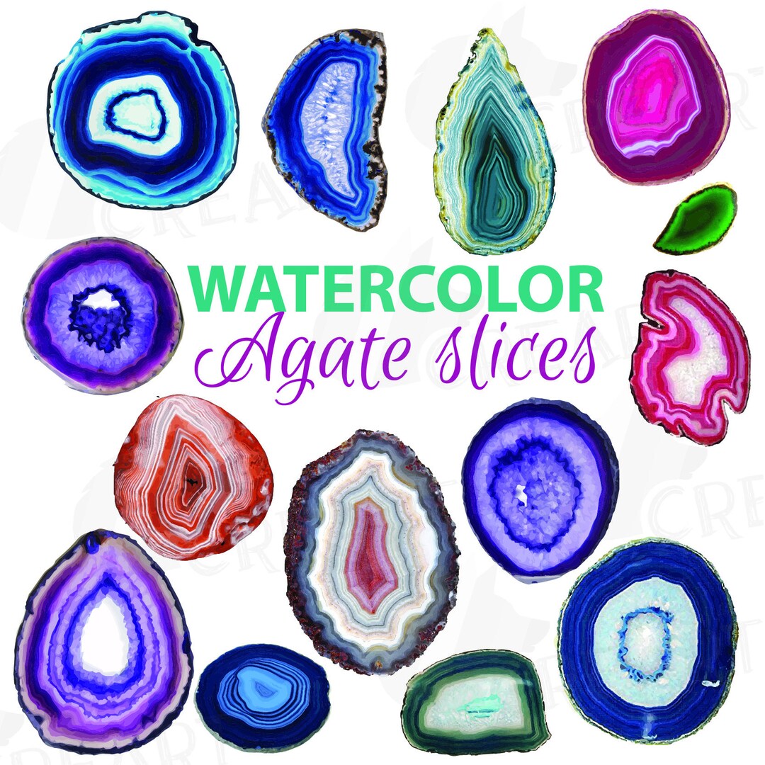 Agate Slice Watercolor, Mineral Agate Slice Clip Art Collection. 14 ...
