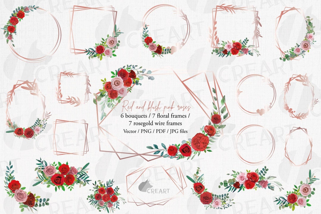 Blush Pink and Red Roses Bridal Templates. Watercolor Premade ...