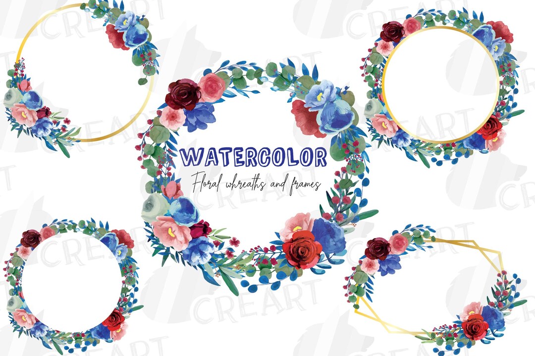 Watercolor Floral Wedding Wreaths and Frames Clip Art. Printable Bridal ...